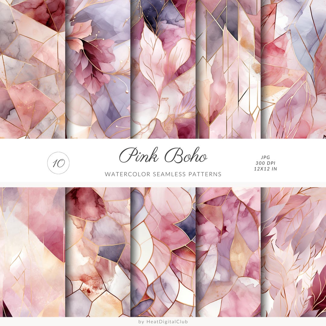 Seamless Watercolor Abstract Boho Floral Patterns, Pink Grey Geometric ...