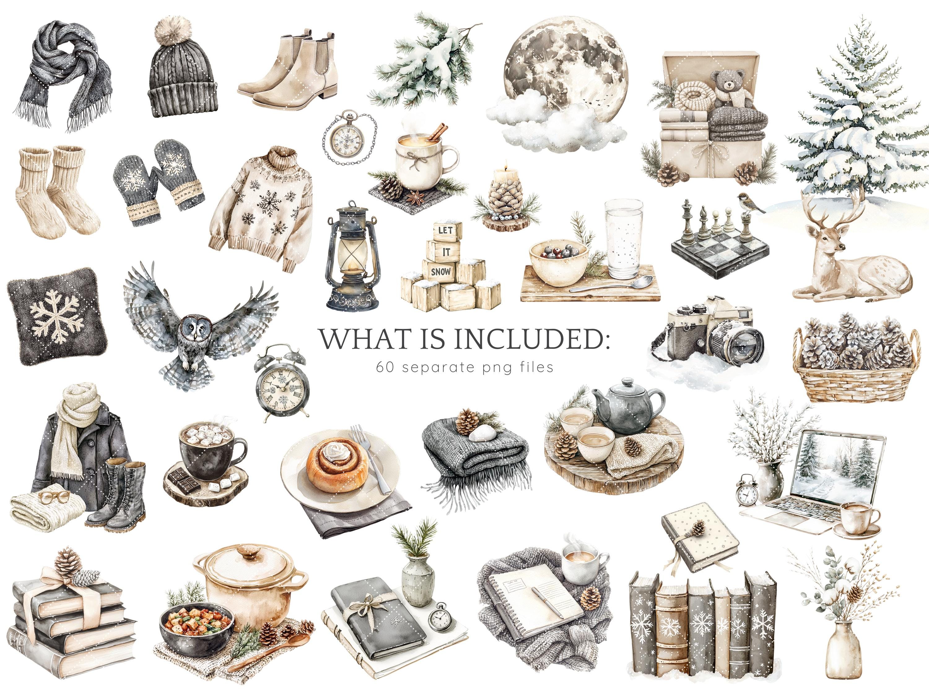 Watercolor Winter Mood Clipart, Cozy Winter Clip Art Bundle, Rustic ...