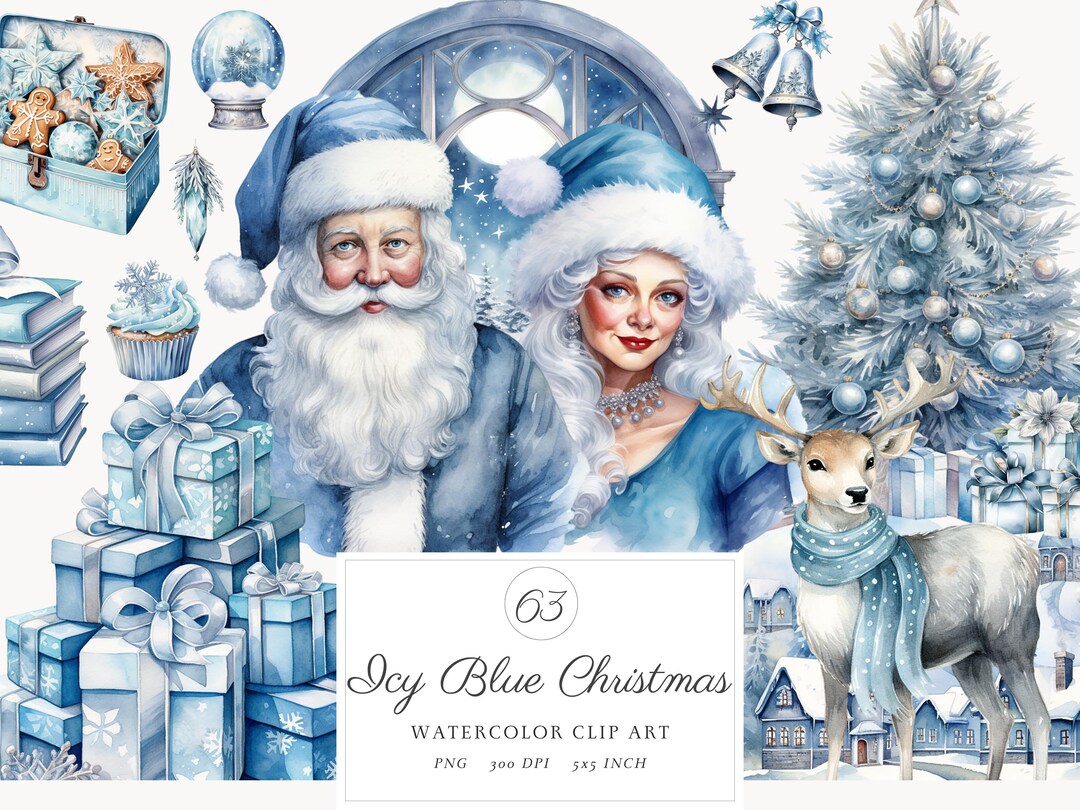 Watercolor Icy Blue Christmas PNG Clipart Bundle Images, Christmas ...