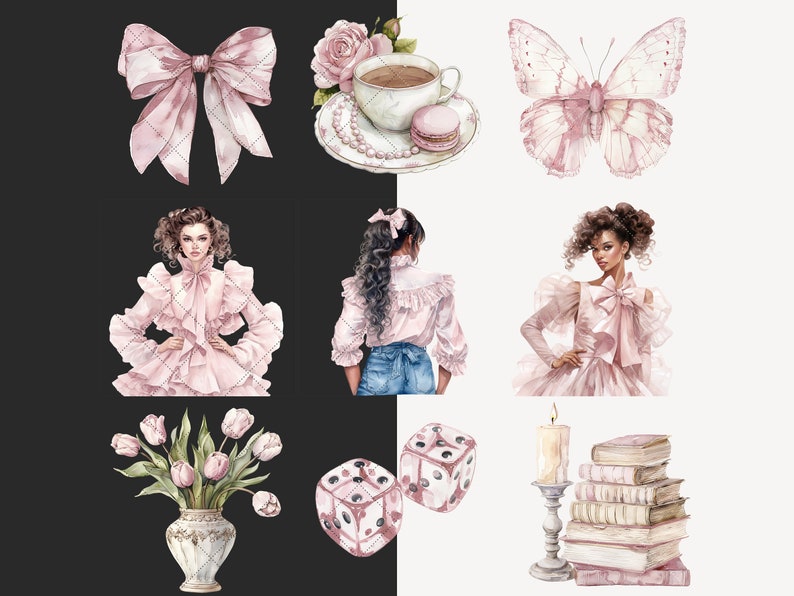 Watercolor Pink Coquette Aesthetics Clipart, Romantic Vintage Girl Clip ...