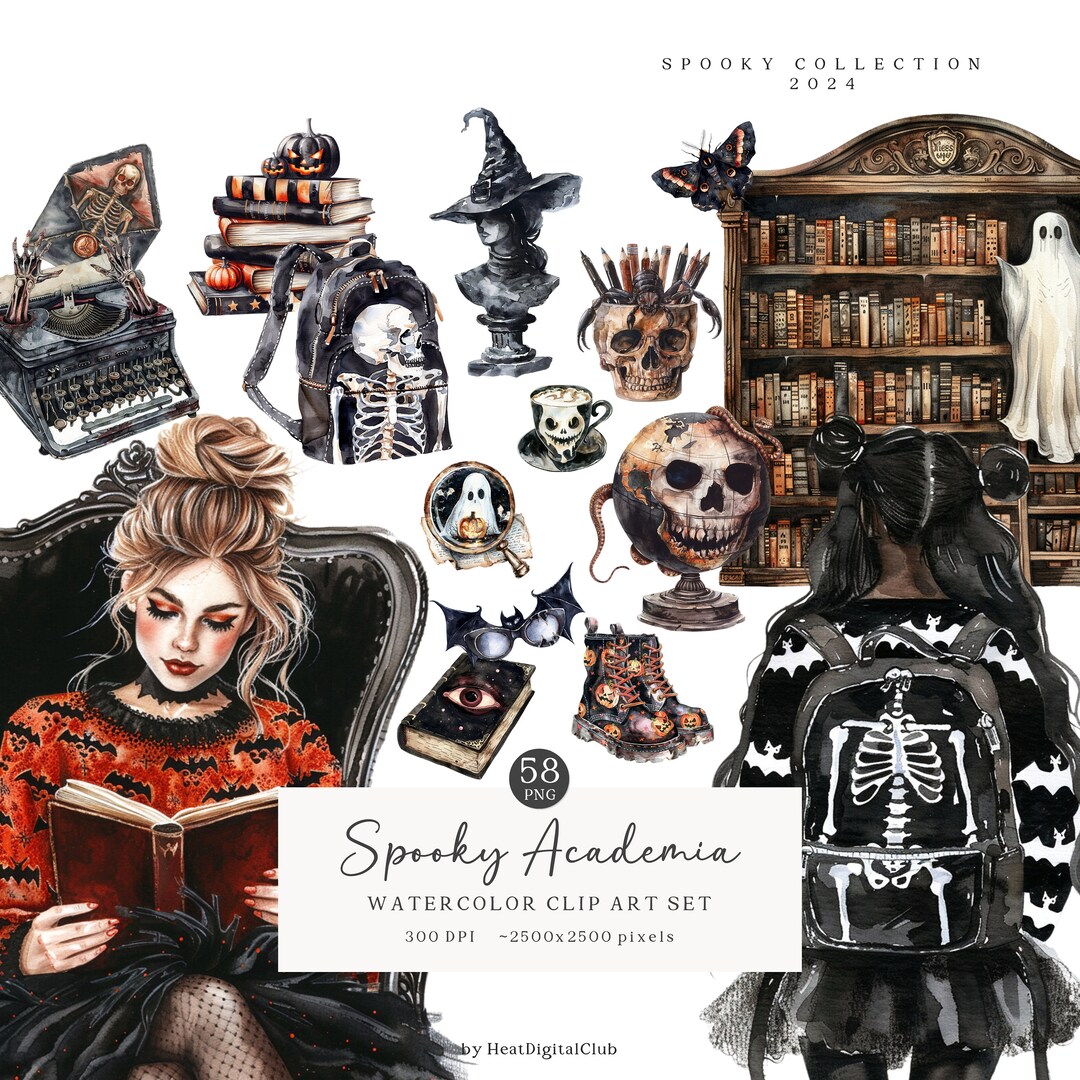 Watercolor Halloween Academia Clipart Bundle, Spooky Gothic PNG, Dark ...