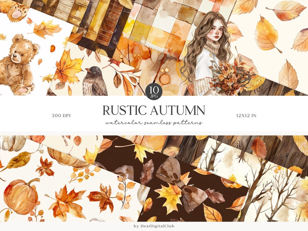 Watercolor Rustic Autumn Seamless Patterns, Neutral Fall Pattern JPEG ...