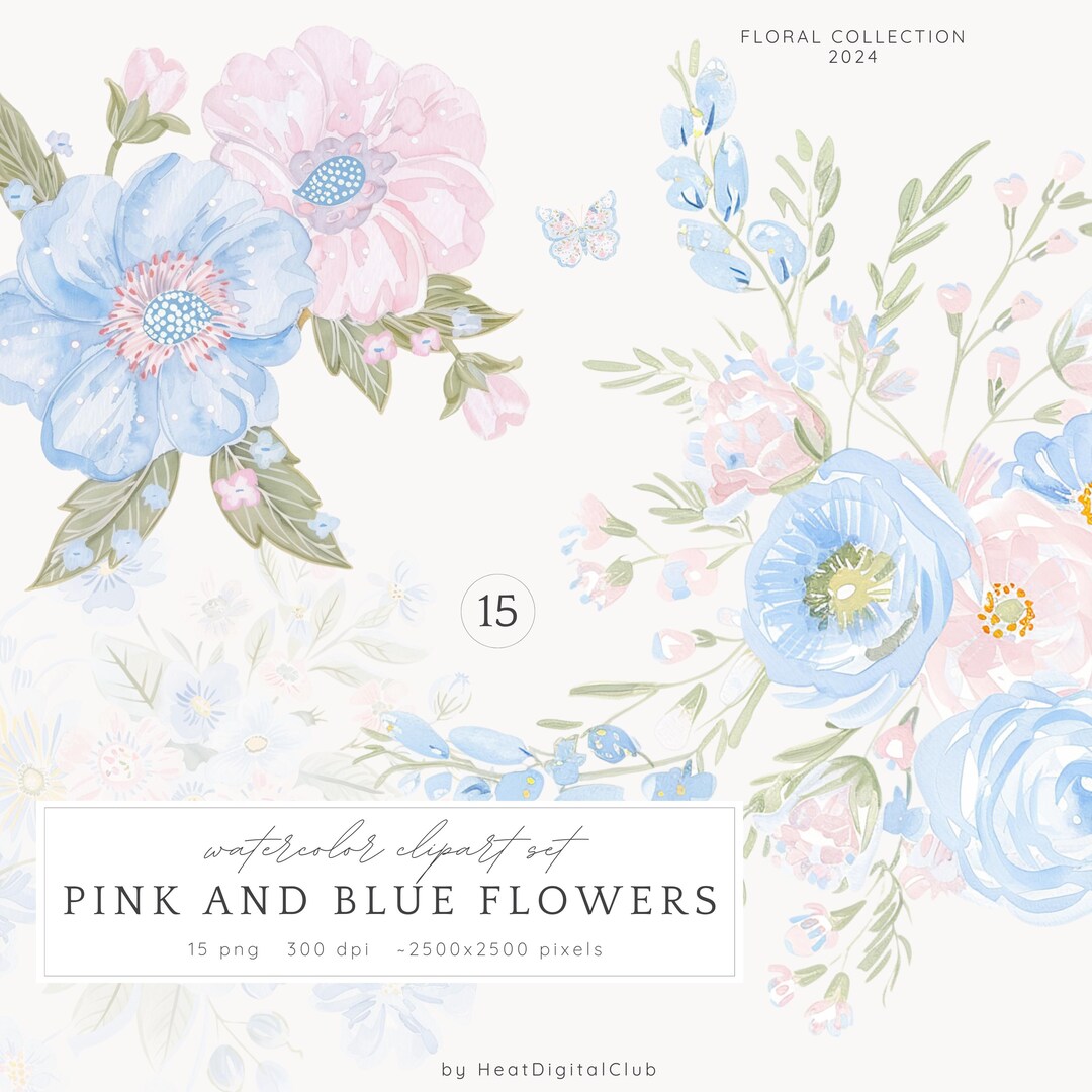 Watercolor Pink and Blue Flowers Clipart, Pastel Floral Clip Art ...