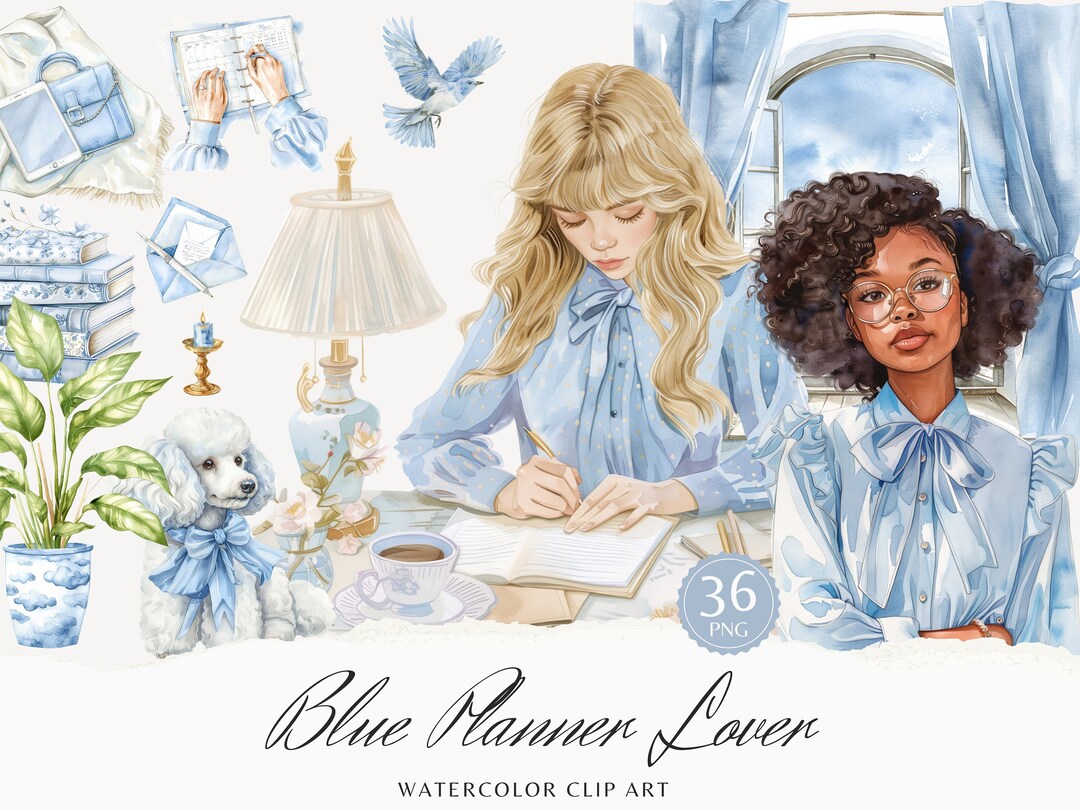 Watercolor Blue Planner Lover Clipart, Planner Clip Art, Planner Girl ...