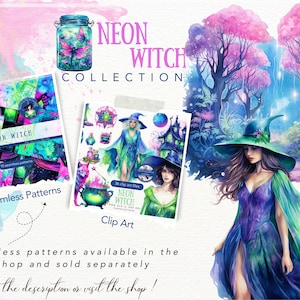 Watercolor Neon Witch Clipart Bundle, Magic Witch Clip Art PNG, Witches ...