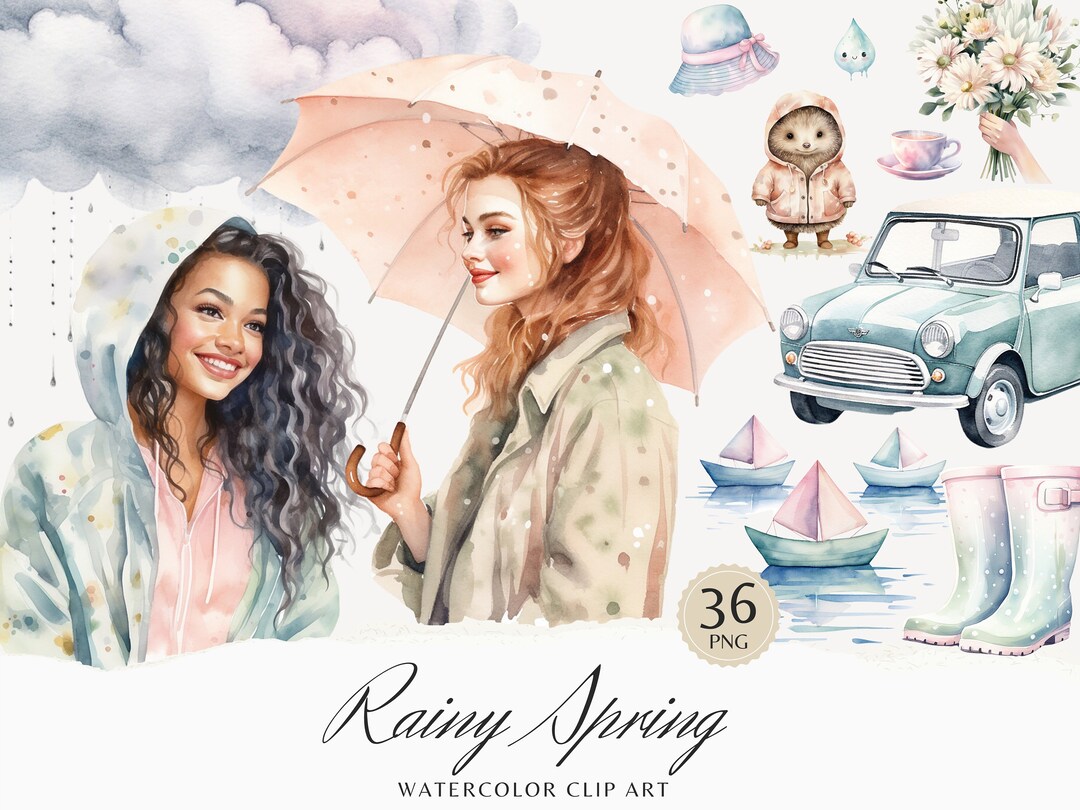 Watercolor Rainy Spring Clipart, Cozy Spring Clip Art, Floral Graphics ...