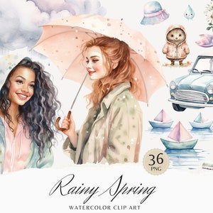 Watercolor Rainy Spring Clipart, Cozy Spring Clip Art, Floral Graphics ...