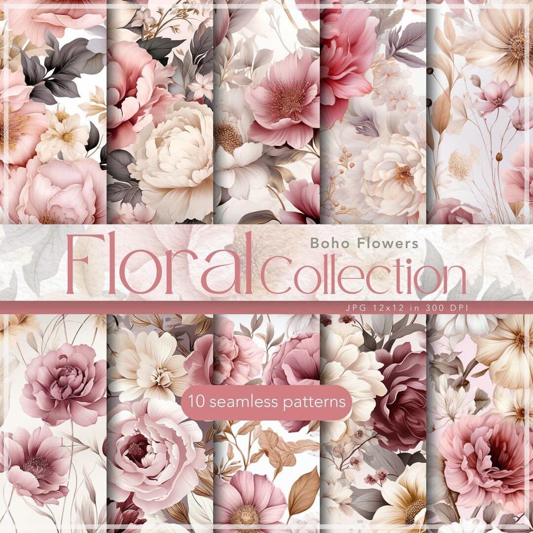 10 Seamless Watercolor Pink Luxury Boho Floral Patterns, Shabby Chic ...
