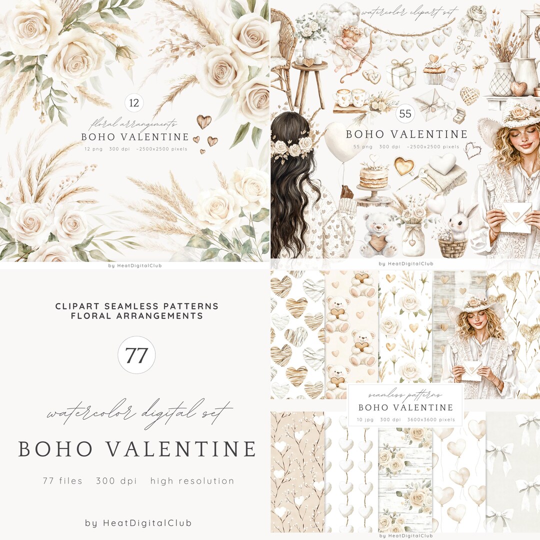 Watercolor Boho Valentines Day Clipart Bundle, Romantic Clip Art PNG ...