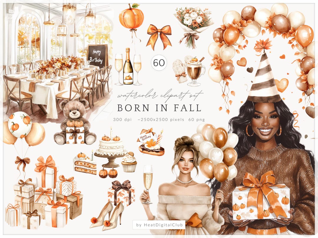 Watercolor Born in Fall Clipart, Fall Birthday Girl Clipart, Autumn ...