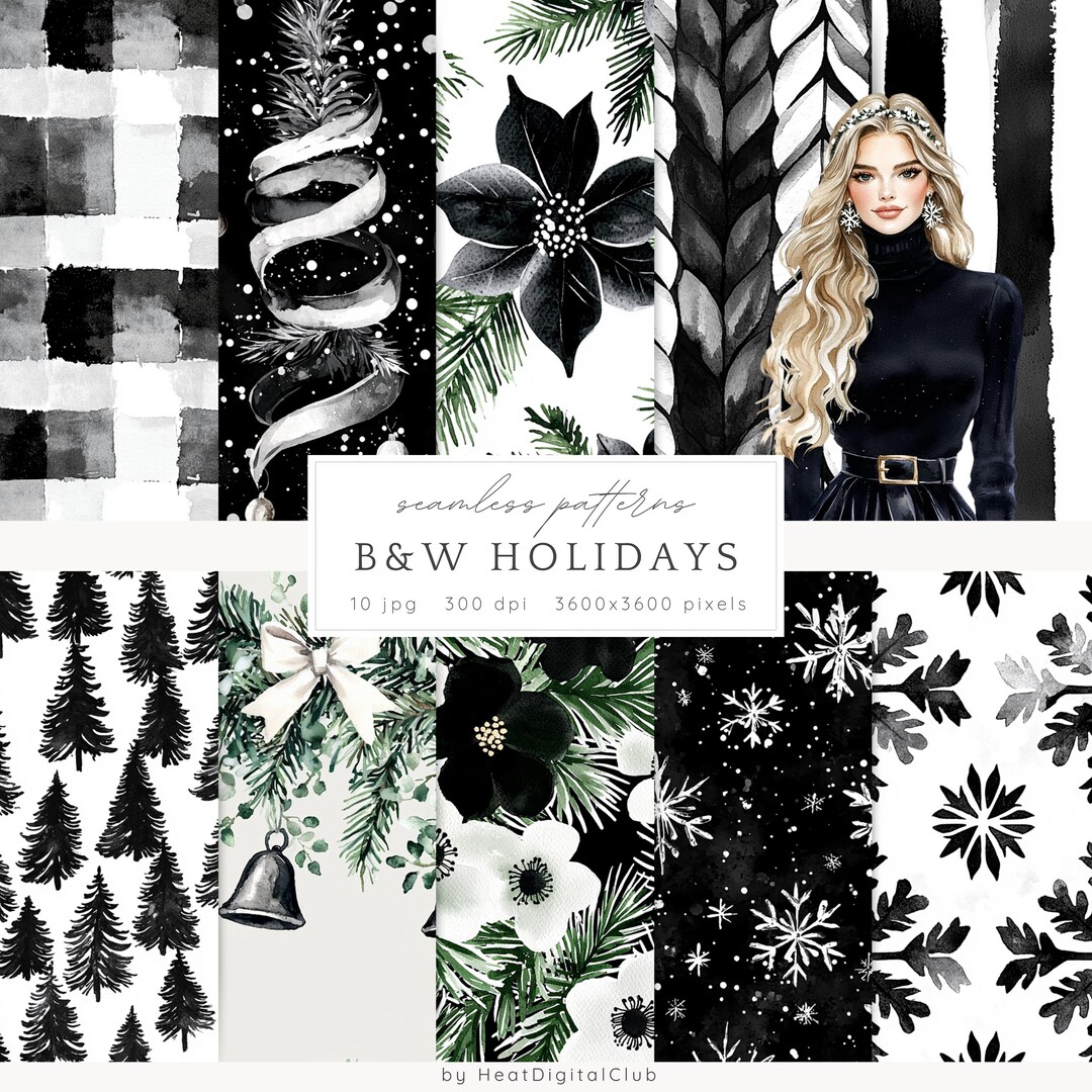 Watercolor Black and White Holidays Seamless Patterns, Winter JPEG ...