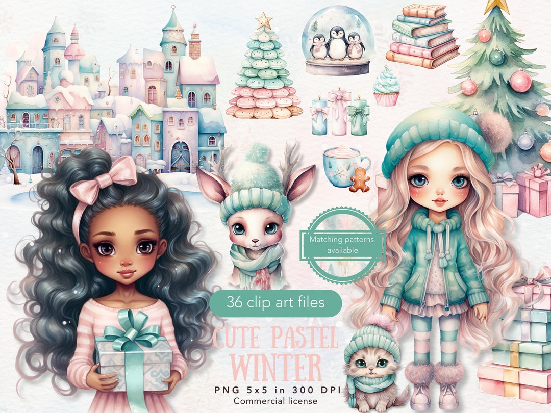 Watercolor Cozy Cute Pastel Winter Clipart Bundle, Christmas Clip Art ...
