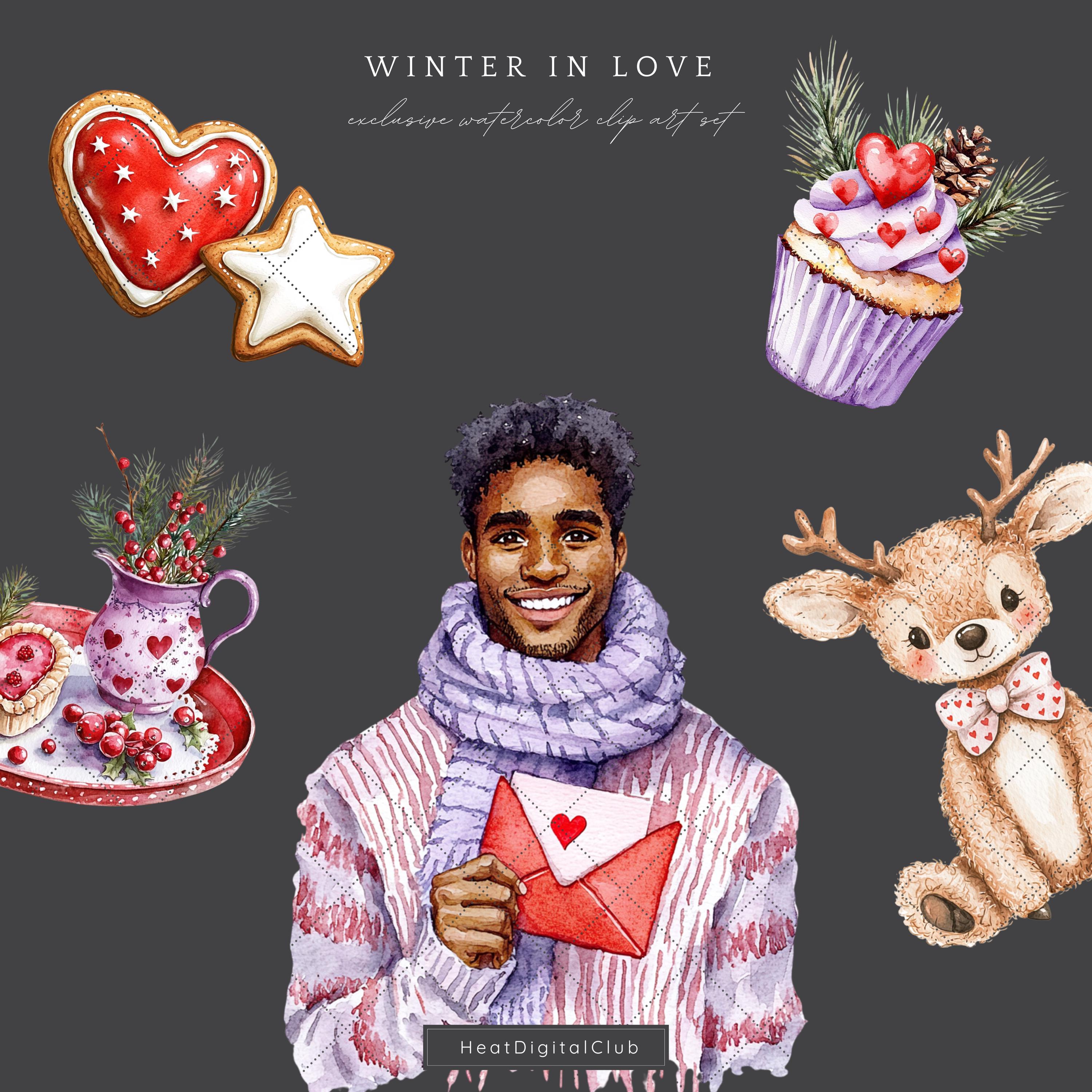 Watercolor Winter in Love Clipart, Cozy Romantic Winter Clip Art Bundle ...