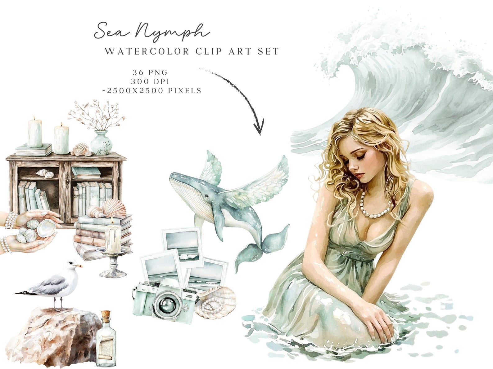 Watercolor Sea Nymph Clipart, Nautical Clip Art, Feminine Marine PNG ...