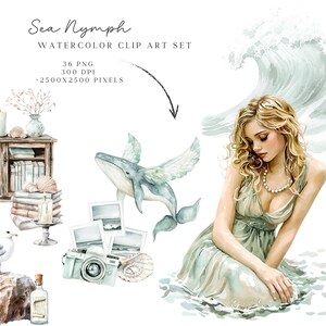 Watercolor Sea Nymph Clipart, Nautical Clip Art, Feminine Marine PNG ...