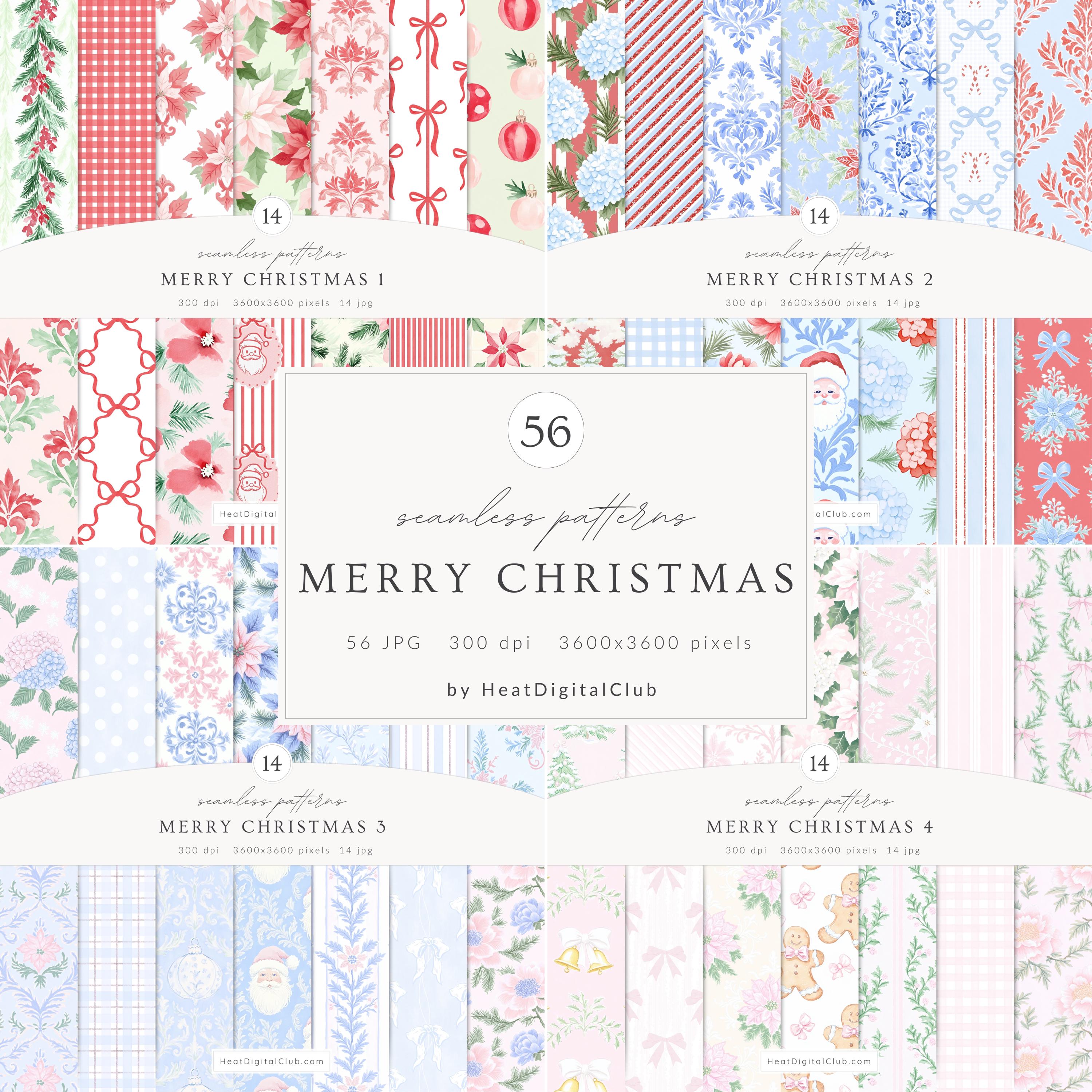 Watercolor Merry Christmas Seamless Patterns, Grandmillennial Holiday ...