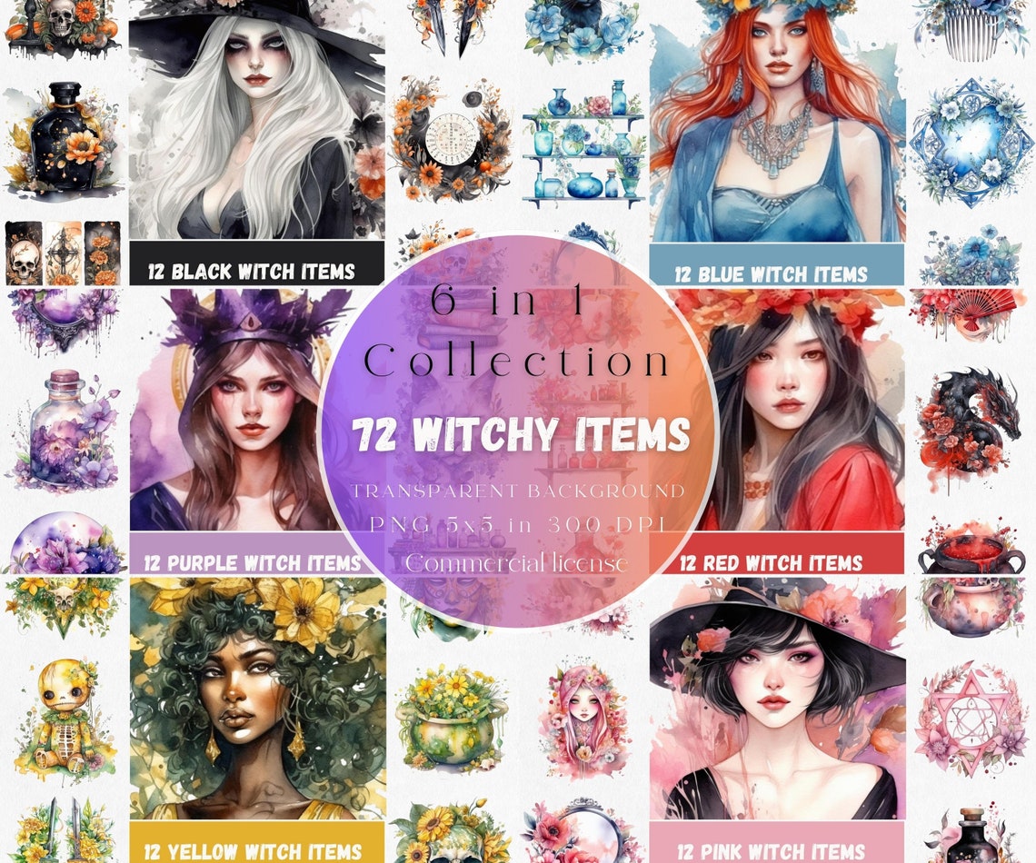 72 Witchy Items Watercolor Clipart Witch Clip Art Png Magic - Etsy