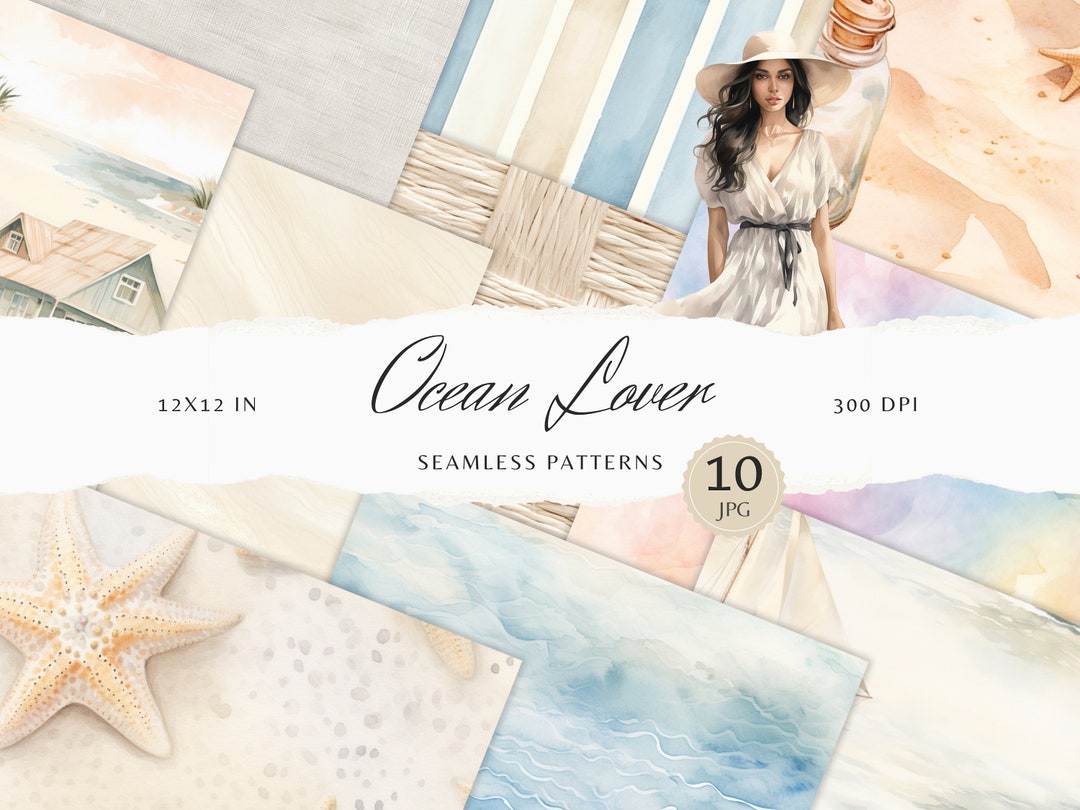 Watercolor Ocean Lover Seamless Patterns, Beach Pattern JPEG, Neutral ...