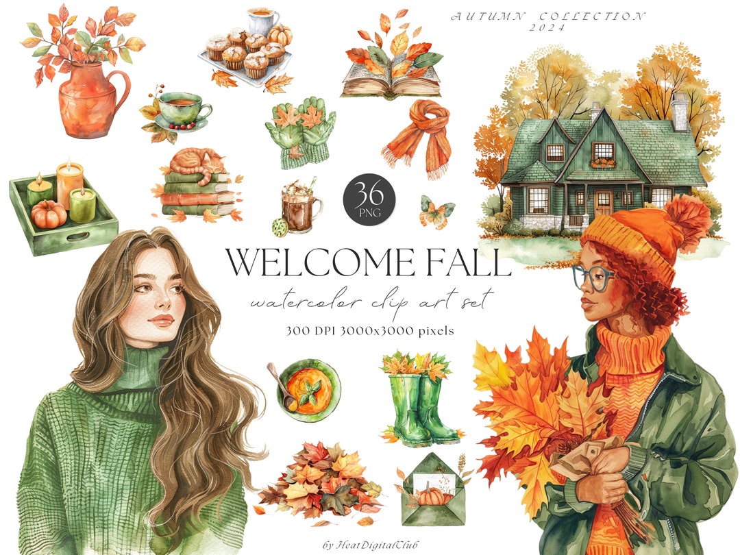 Watercolor Welcome Fall Clipart Bundle, Autumn ClipArt PNG, Cozy Fall ...