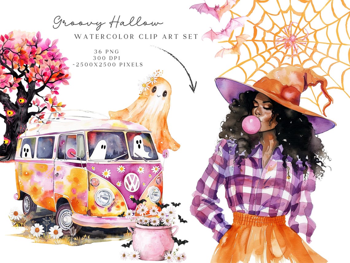 Watercolor Groovy Halloween Clipart, Hippie Spooky Halloween Clip Art ...