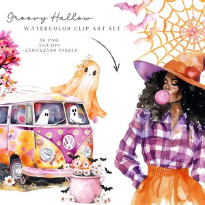 Watercolor Groovy Halloween Clipart, Hippie Spooky Halloween Clip Art ...