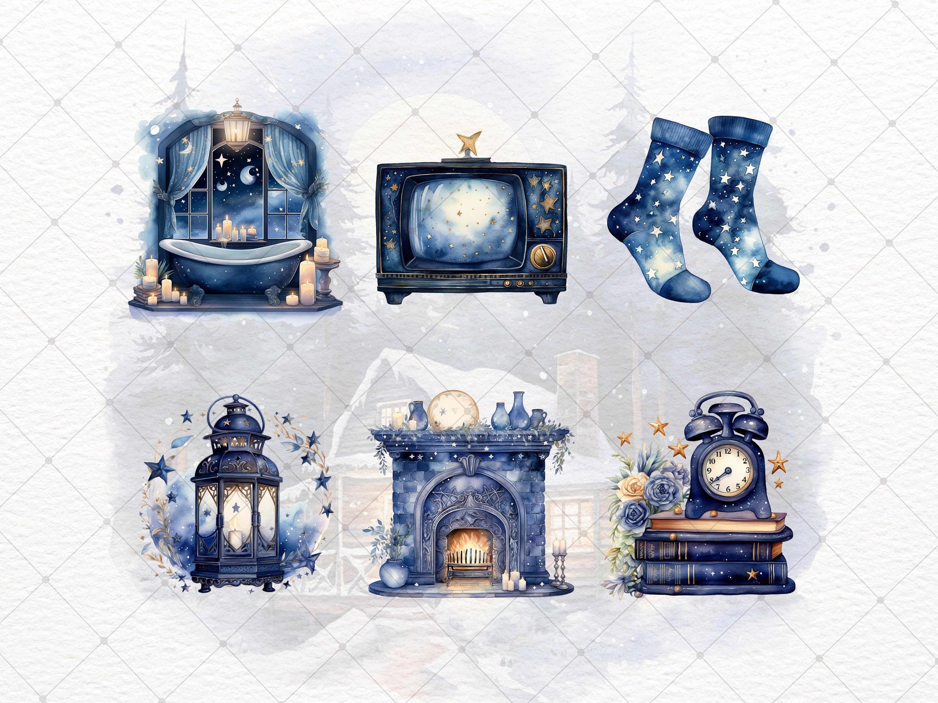 Watercolor Dreamy Night Cottage Living Clipart, Romantic Winter ...