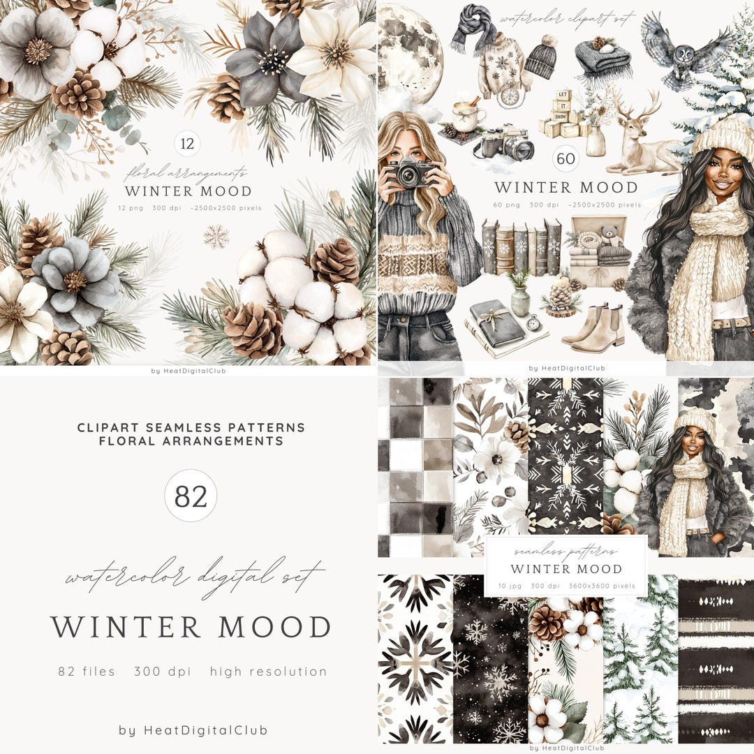 Watercolor Winter Mood Clipart, Cozy Winter Clip Art Bundle, Rustic ...