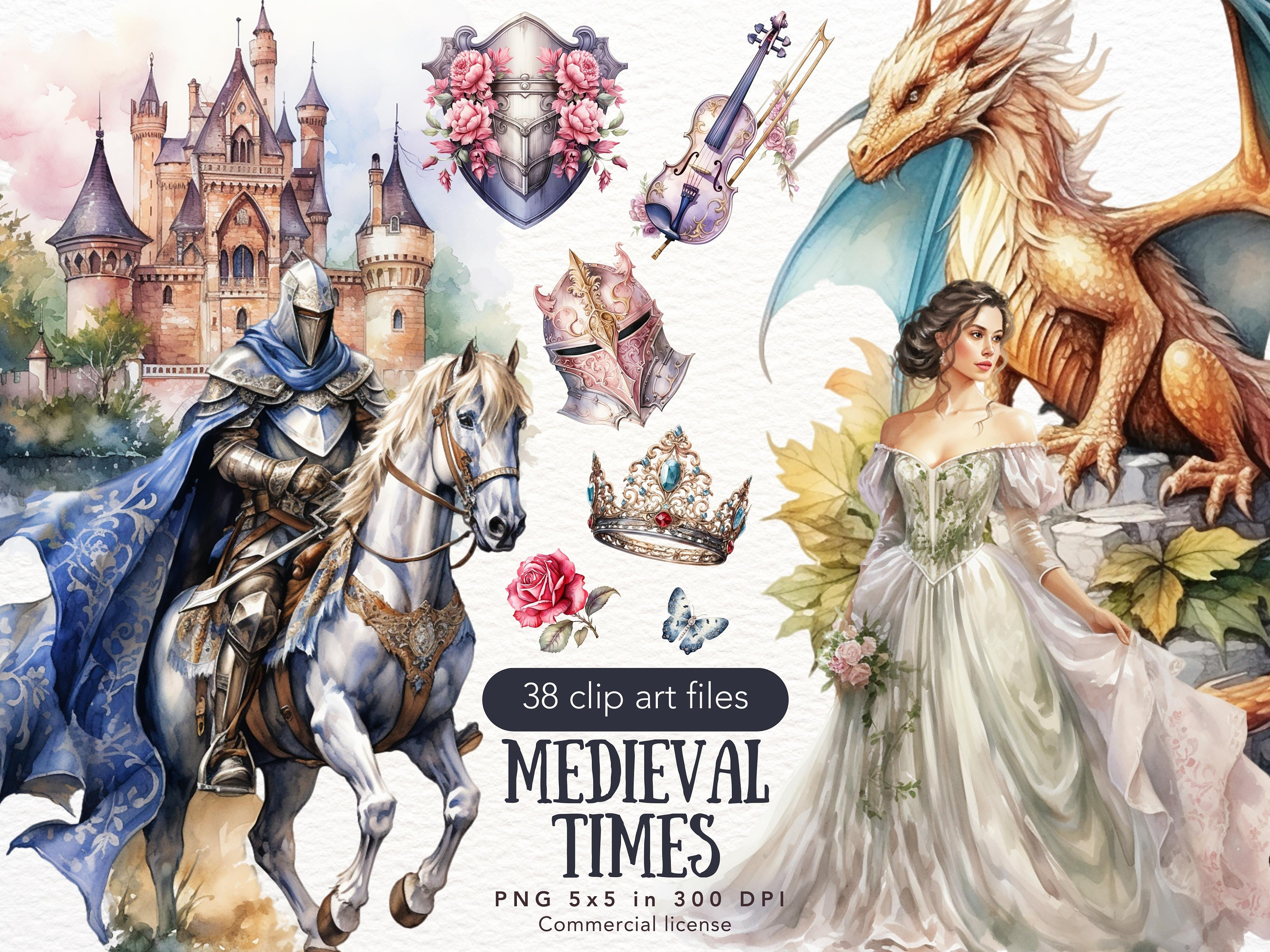 Watercolor Medieval Clipart Bundle PNG Knights Castles - Etsy