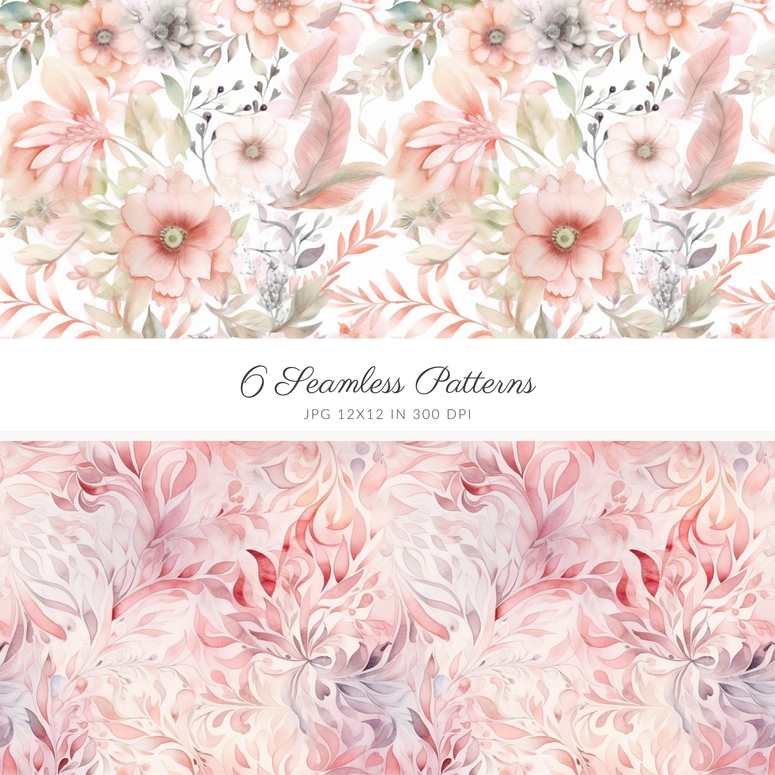 6 Seamless Soft Pink Watercolor Flowers Patterns - JPEG - Digital ...