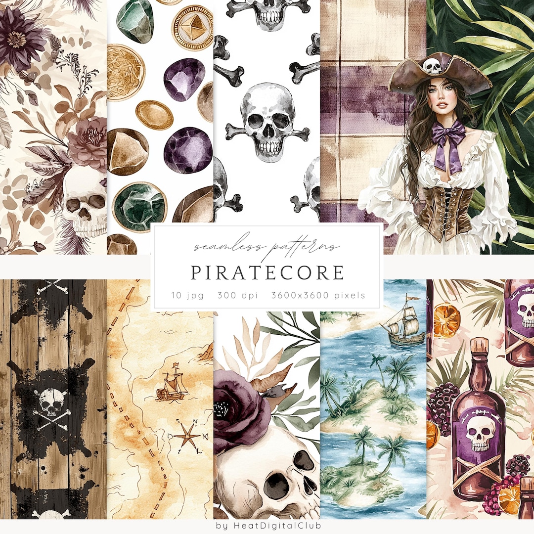 Watercolor Piratecore Seamless Patterns, Floral Pirate JPEG ...