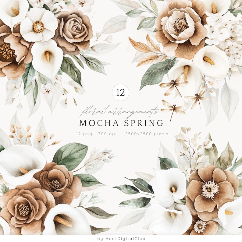 Watercolor Mocha Spring Clipart, Cottage Spring Summer Garden, Cozy ...