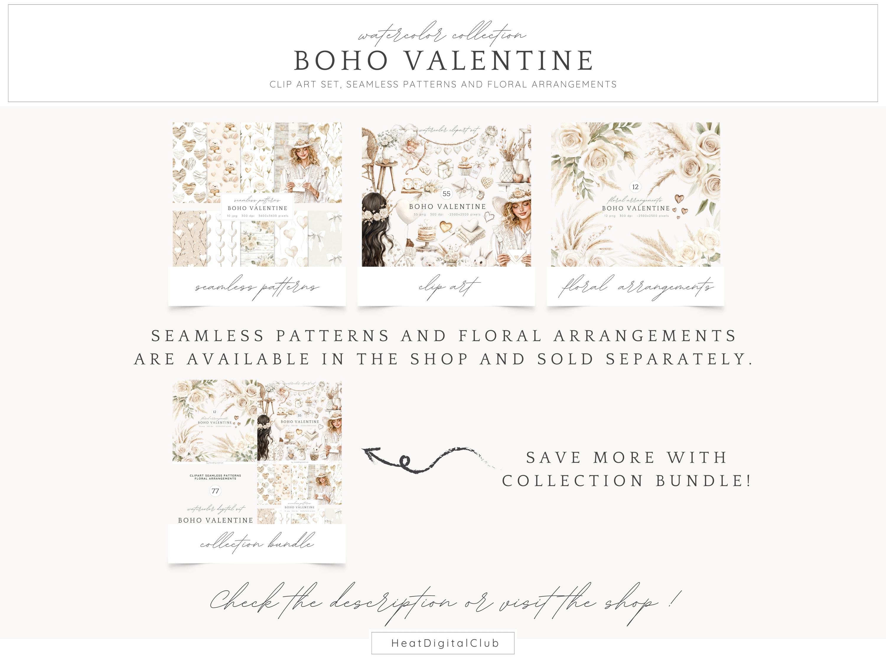 Watercolor Boho Valentines Day Clipart Bundle, Romantic Clip Art PNG ...