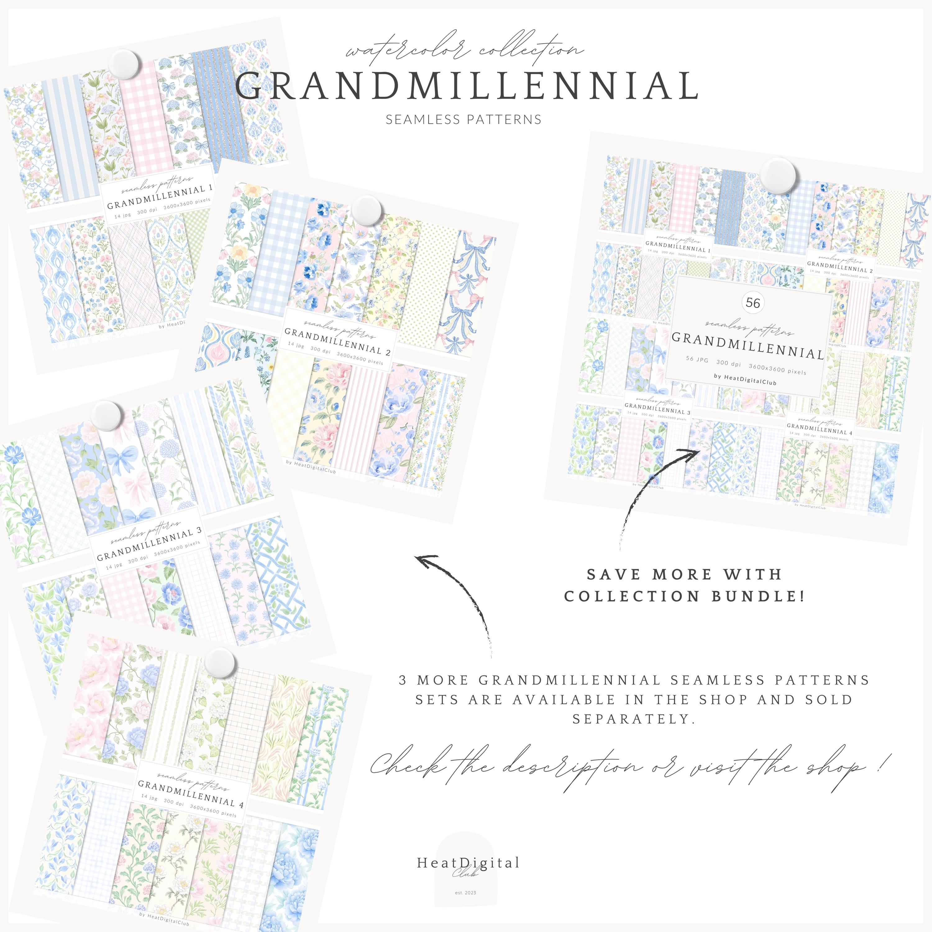Watercolor Grandmillennial Seamless Patterns, Pastel Floral JPEG ...