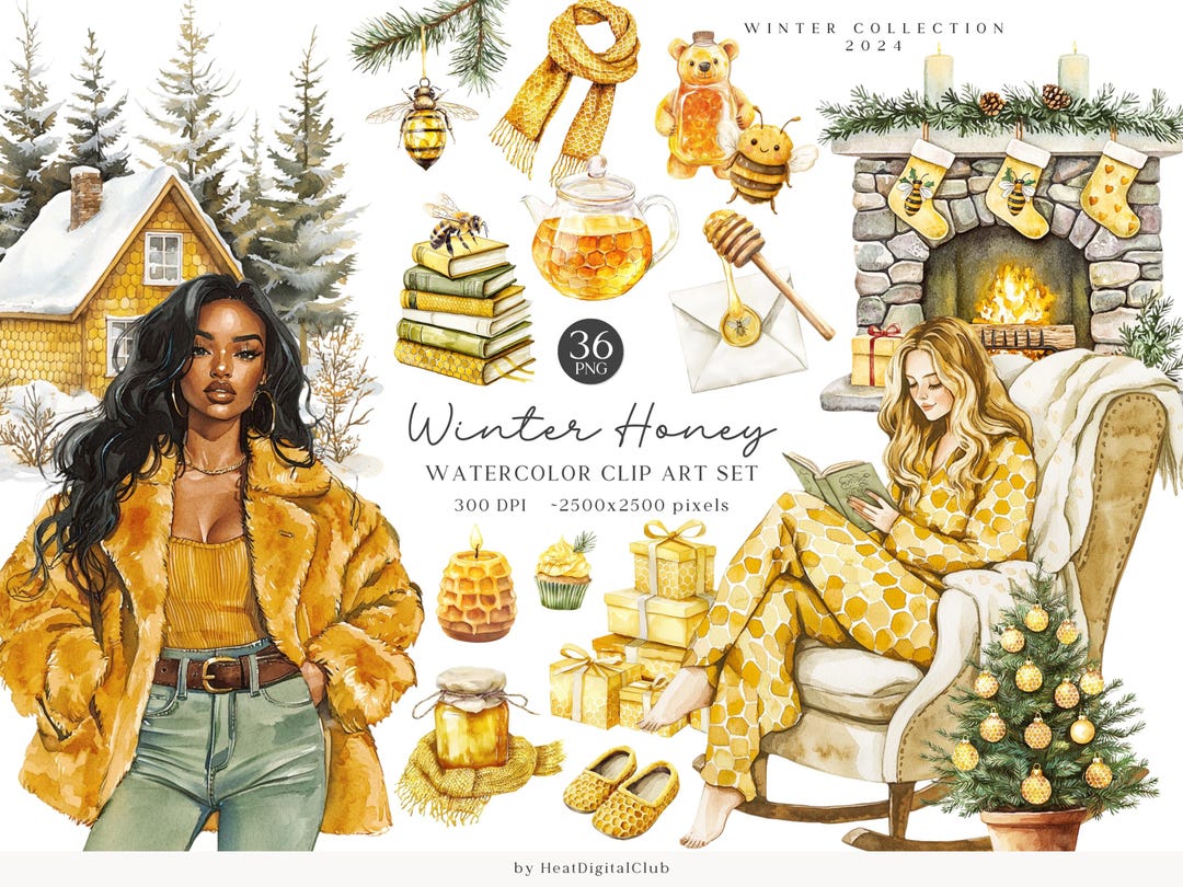 Watercolor Winter Honey Clipart,cozy Winter Cottagecore Clip Art PNG ...
