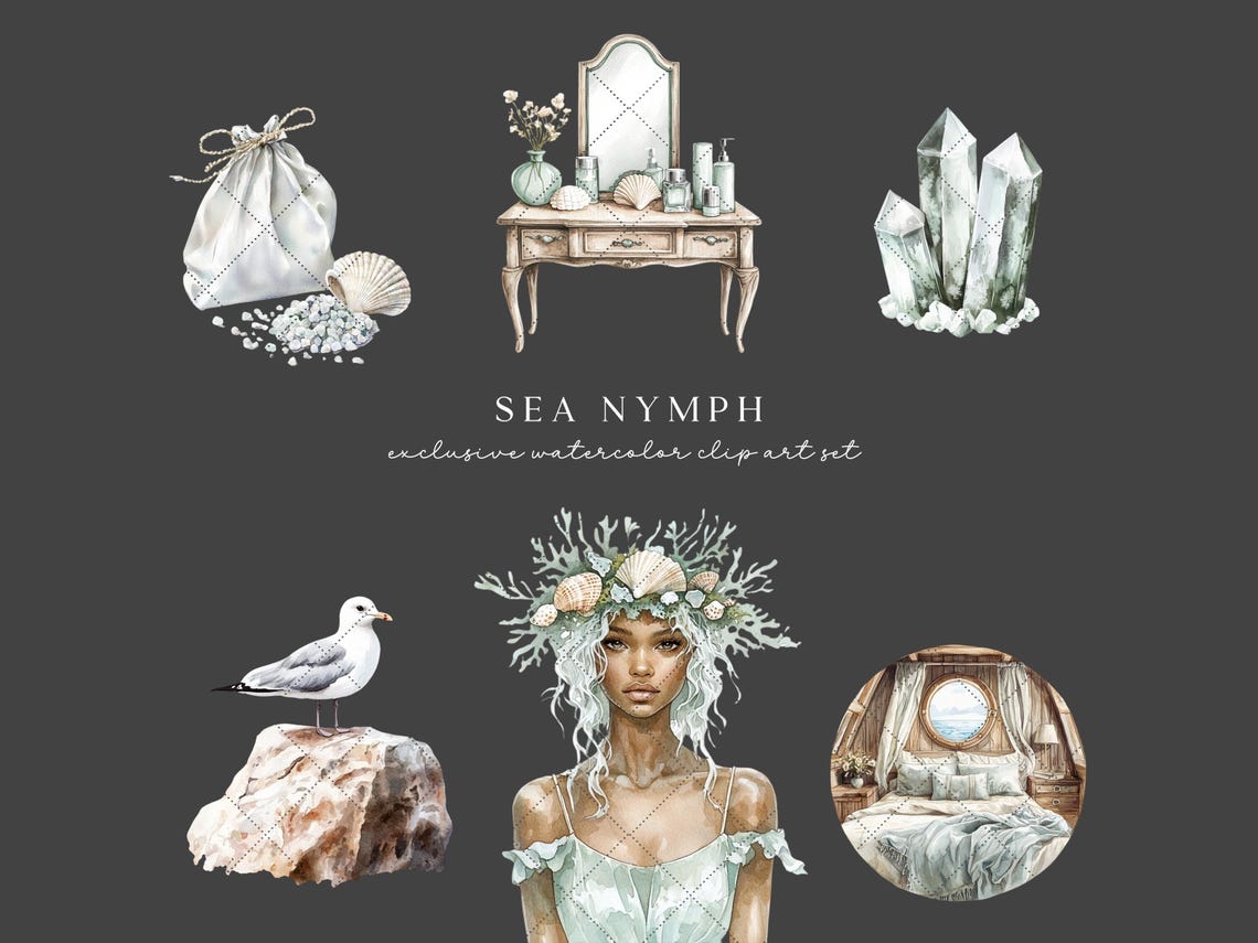 Watercolor Sea Nymph Clipart, Nautical Clip Art, Feminine Marine PNG ...