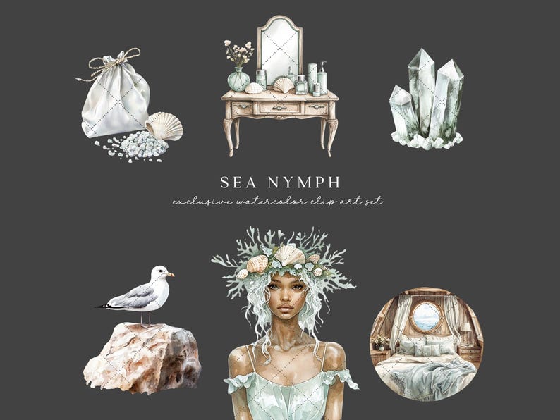 Watercolor Sea Nymph Clipart, Nautical Clip Art, Feminine Marine PNG ...