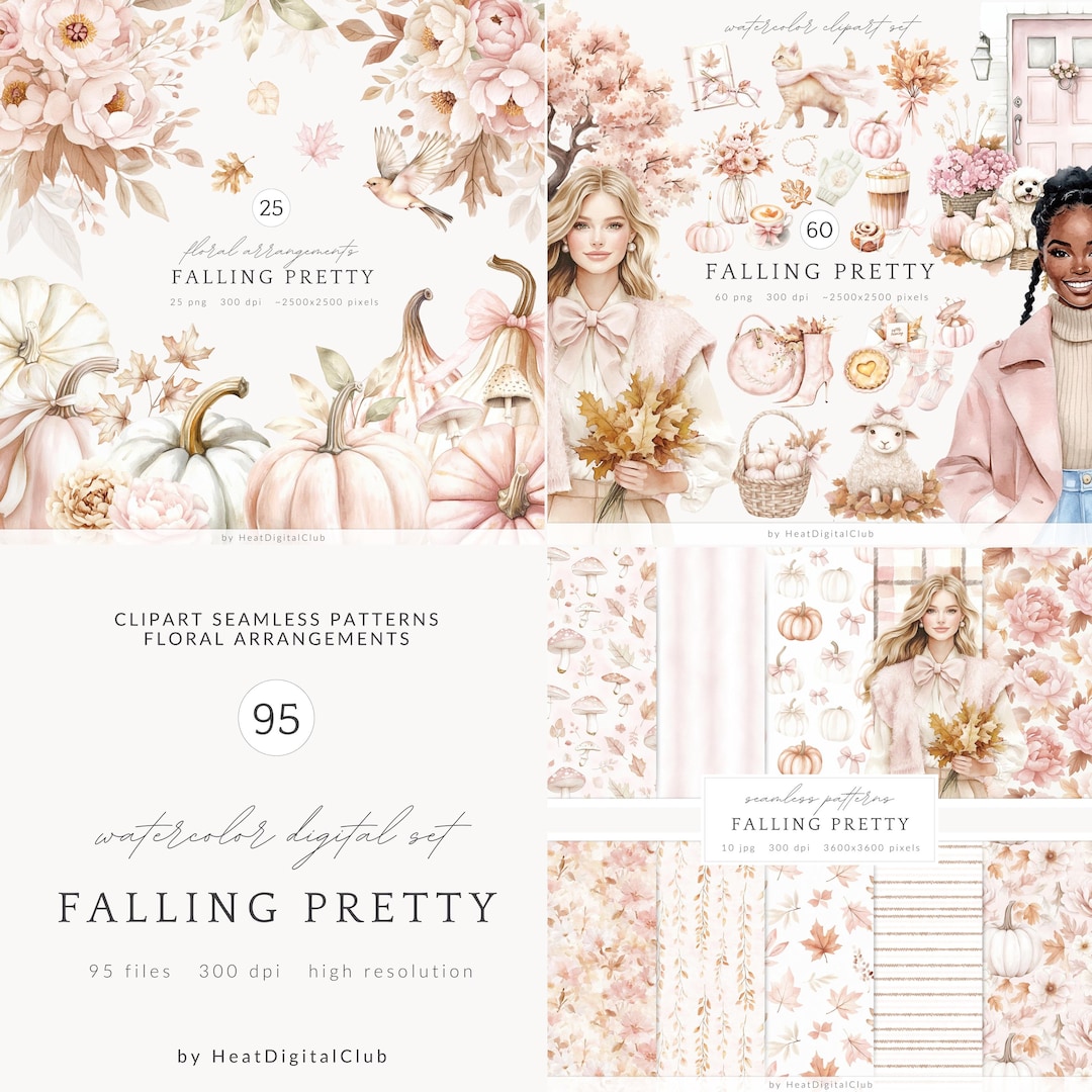 Watercolor Fall Clipart Set, Falling Pretty, Autumn PNG, Pink Pumpkins ...