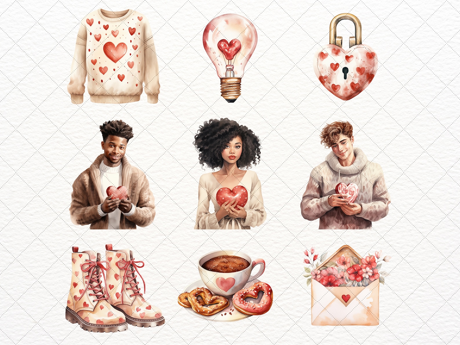Watercolor Cozy Valentine Clipart Bundle, Valentines Day Clip Art PNG ...