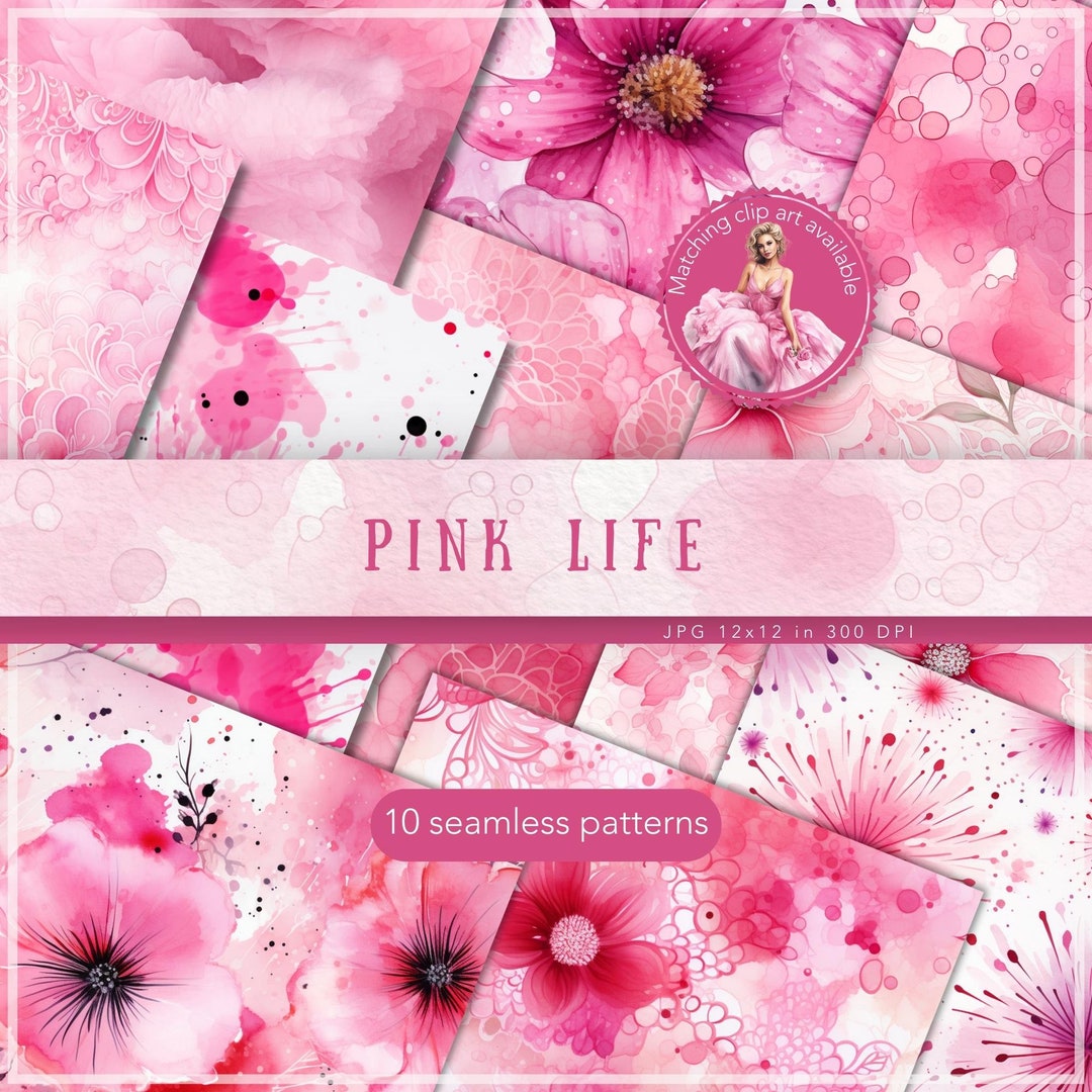 10 Seamless Watercolor Hot Pink Patterns, Floral JPEG, Botanical ...