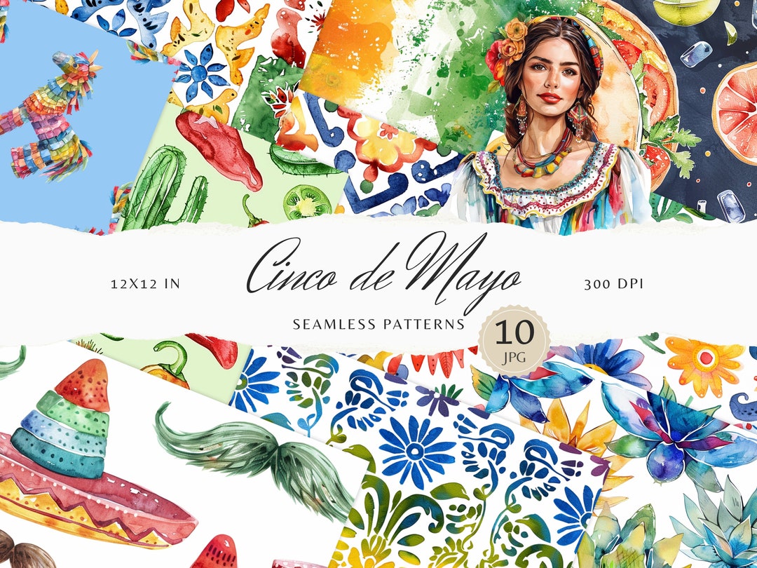 Watercolor Cinco De Mayo Seamless Patterns, Mexican Pattern JPEG, Tacos ...
