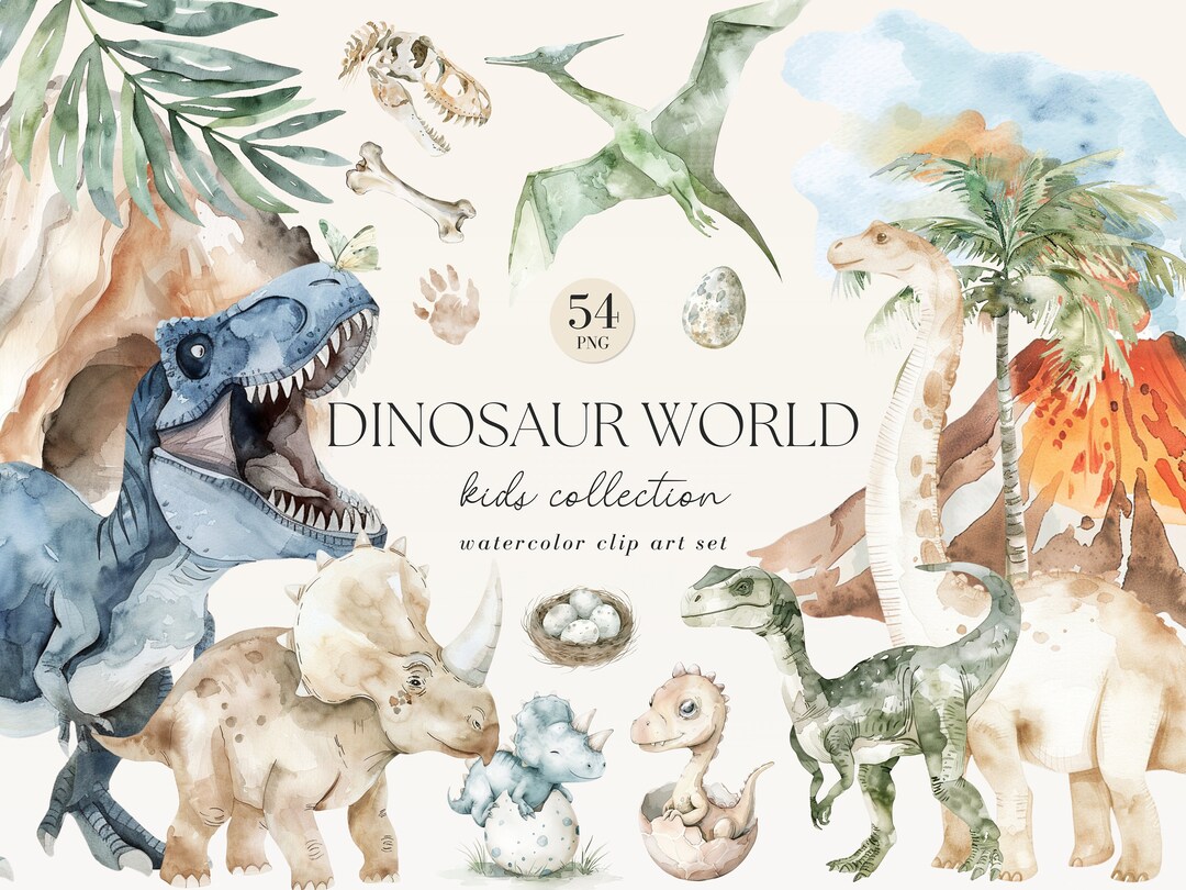 Watercolor Dinosaur World Clipart Bundle, Cute Dino Clip Art, Dinosaur ...