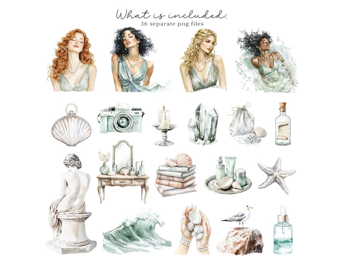 Watercolor Sea Nymph Clipart, Nautical Clip Art, Feminine Marine PNG ...