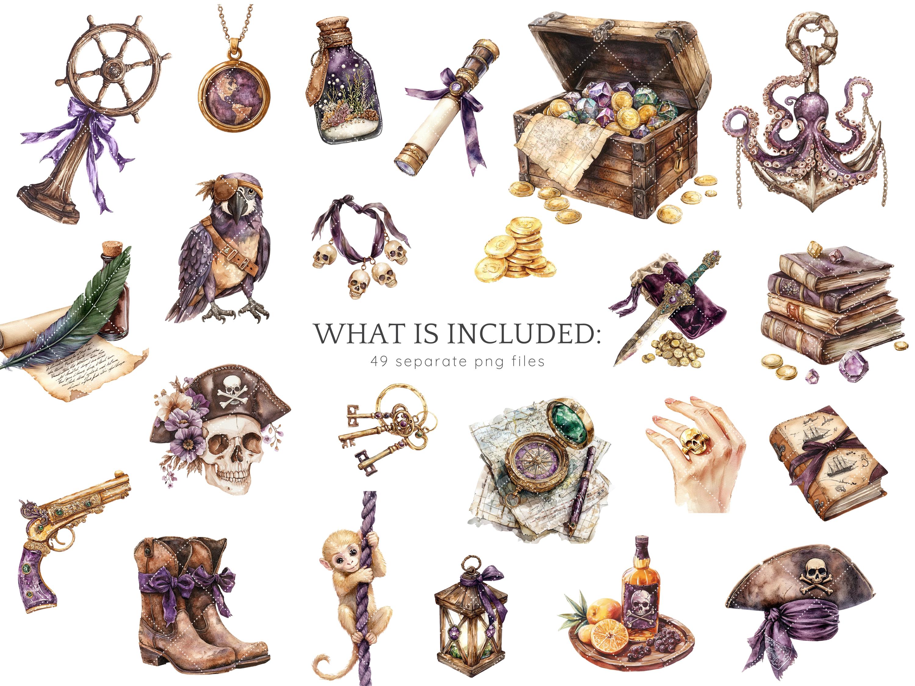 Watercolor Piratecore Clipart, Pirates PNG Bundle, Nautical Clip Art ...