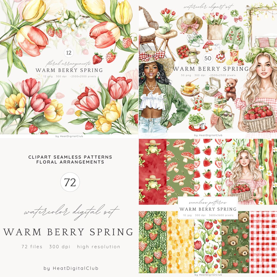 Watercolor Warm Berry Spring Clipart, Cottage Spring Summer, Cozy ...