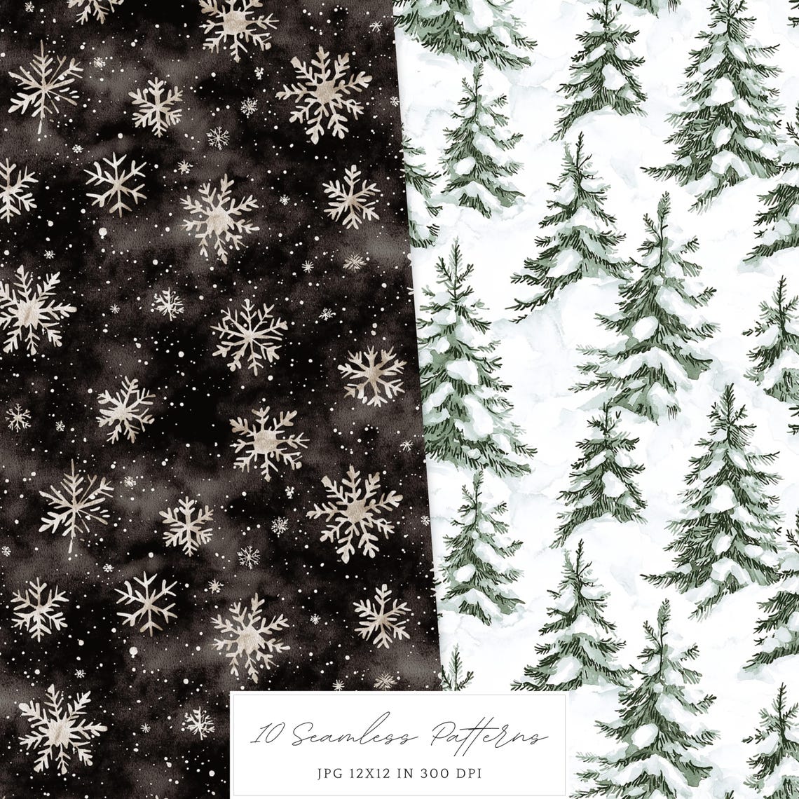 Watercolor Winter Mood Seamless Patterns, Cozy Winter JPEG, Snowflakes ...