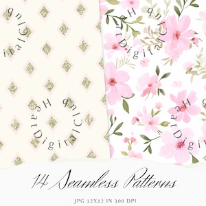 Watercolor Shabby Chic Seamless Patterns, Pastel Floral JPEG, Stripes ...