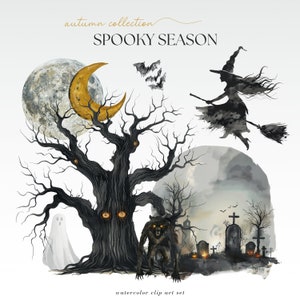 Watercolor Halloween Clipart Bundle, Spooky Season Clip Art, Black Cat ...