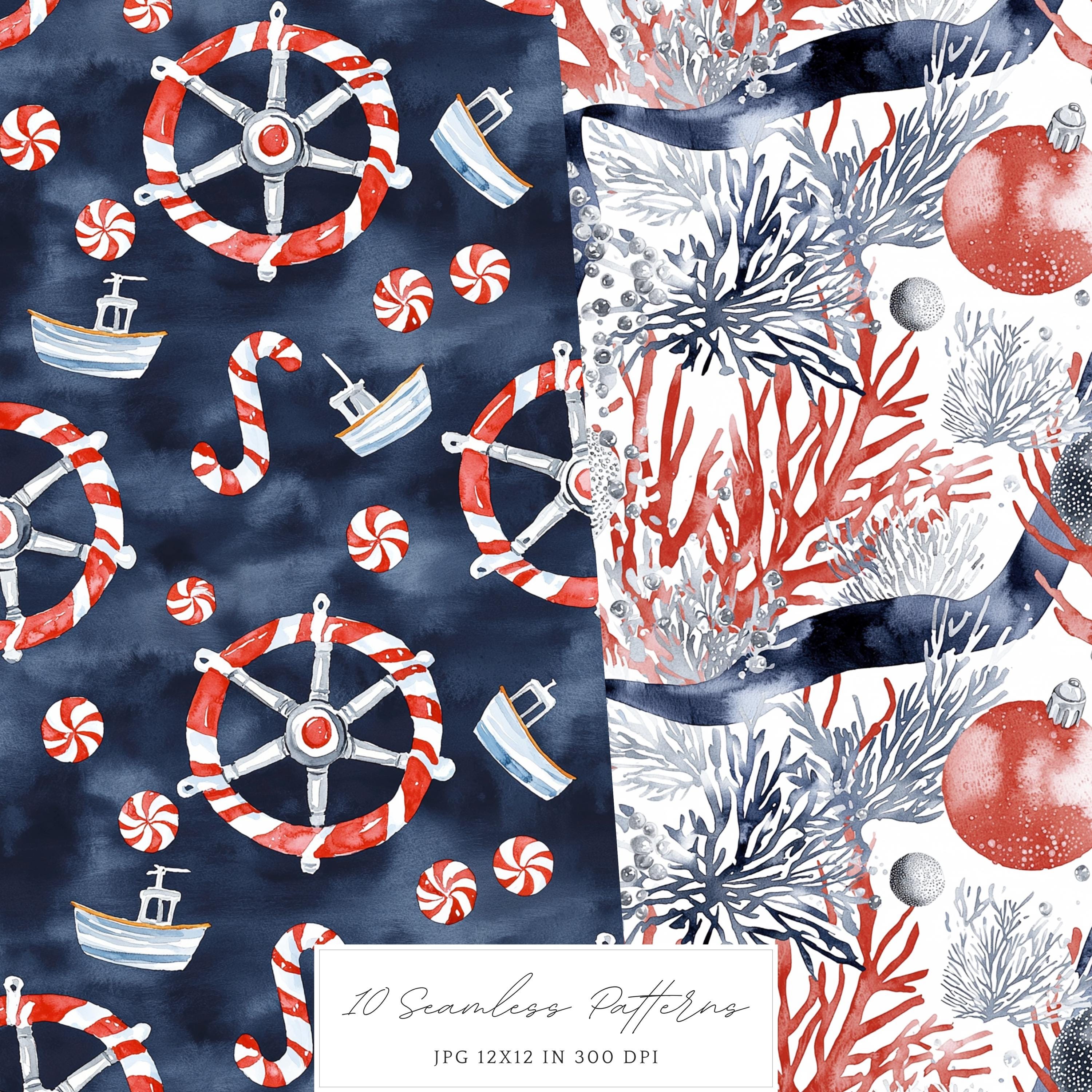 Watercolor Nautical Noel Seamless Patterns, Winter Christmas JPEG ...