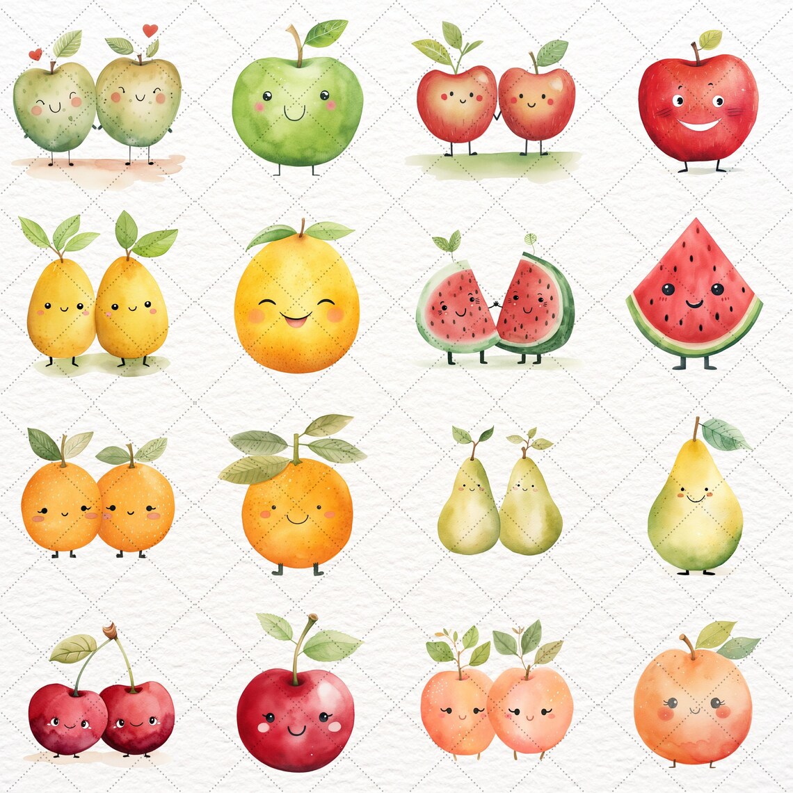 Watercolor Cute Fruits Clipart Bundle, Funny Fruits Berries Clip Art ...
