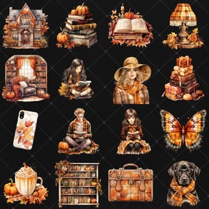36 Watercolor Fall Plaid Bookworm Clip Art Bundle, Bookshelf, Autumn ...